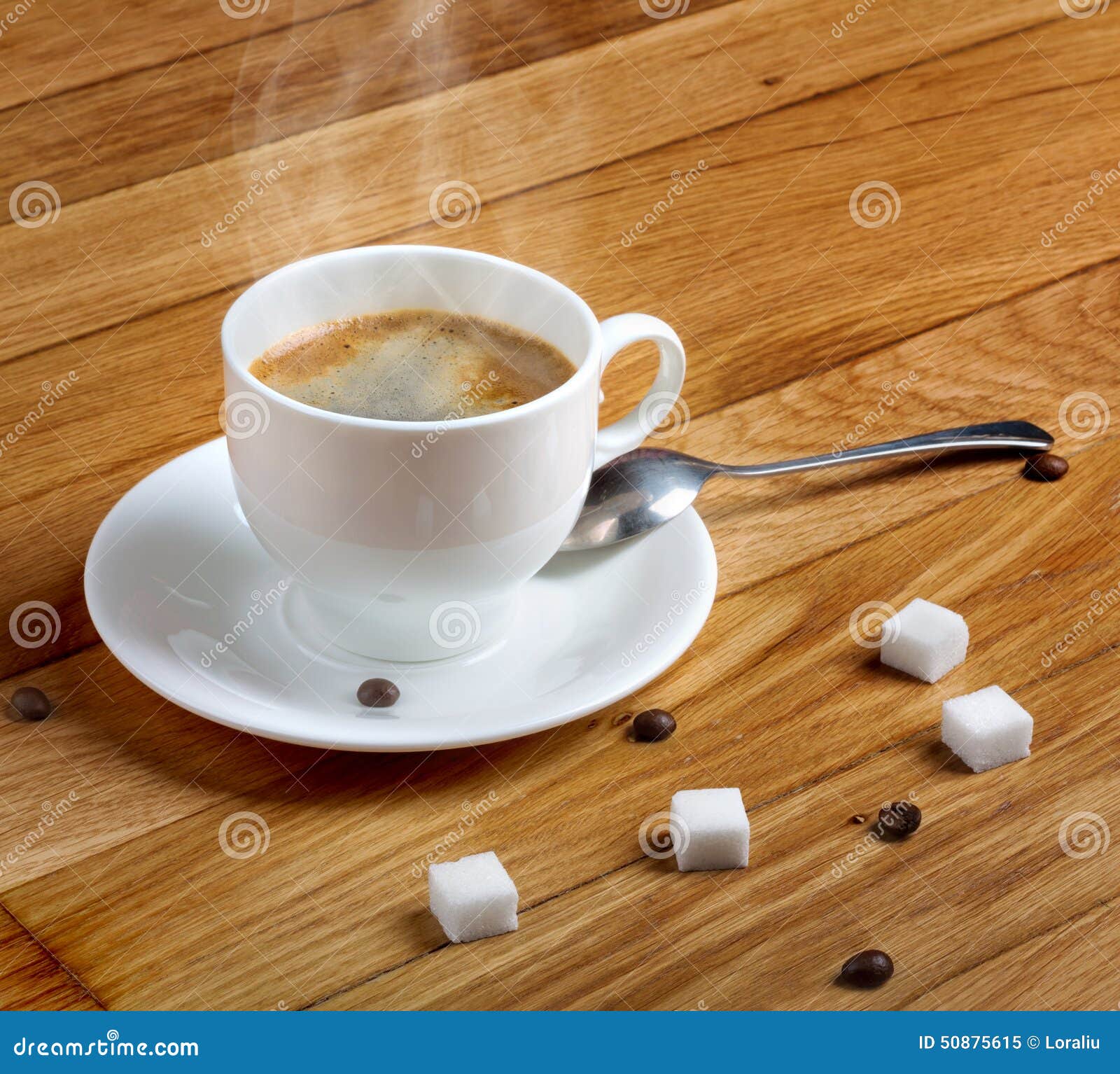 Hot Fresh Coffee in White Cup with Sugar on Wooden Table Stock Image ...