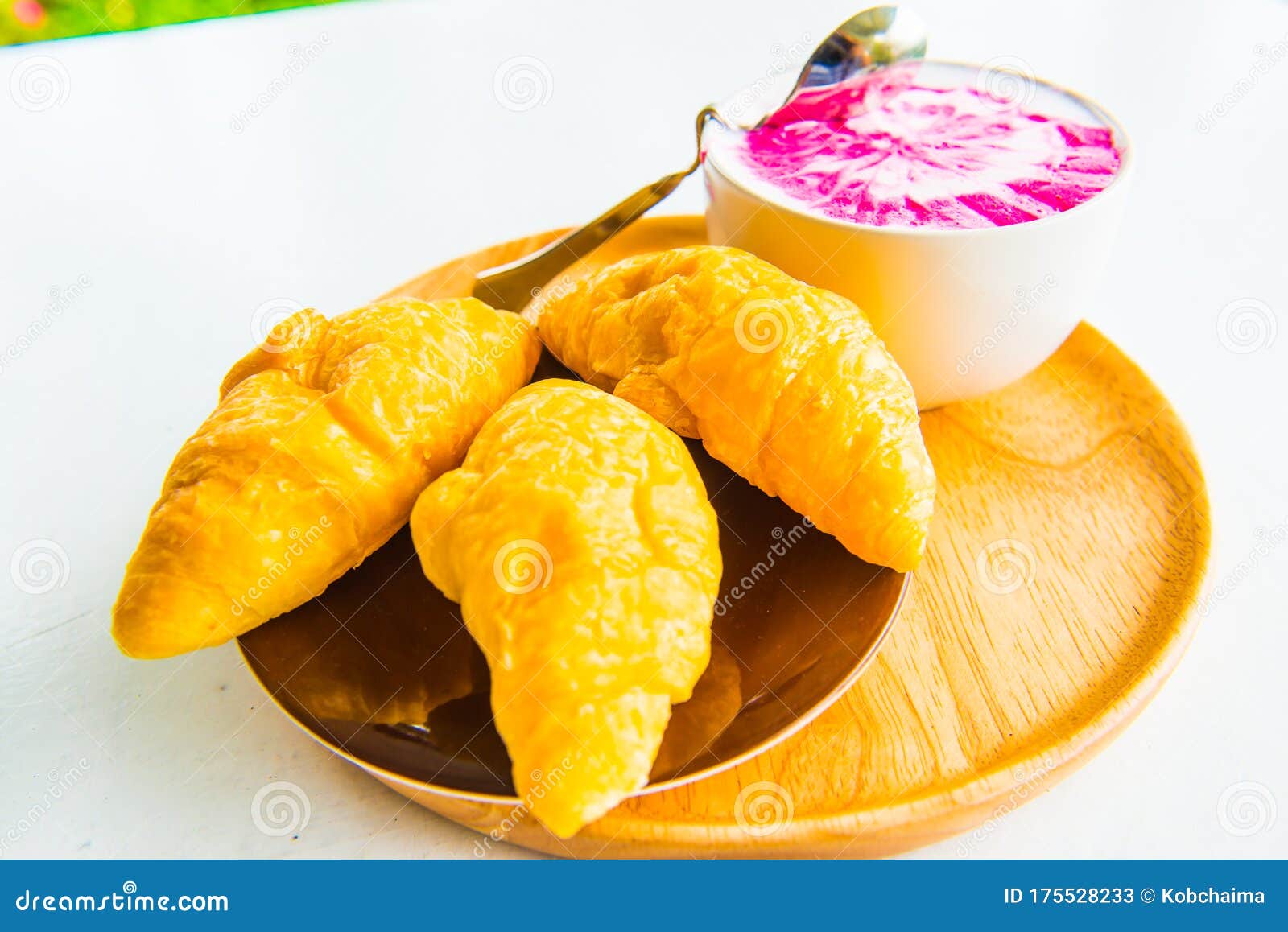 Hot Fresh Milk with Fresh Croissants on White Table Stock Image - Image ...