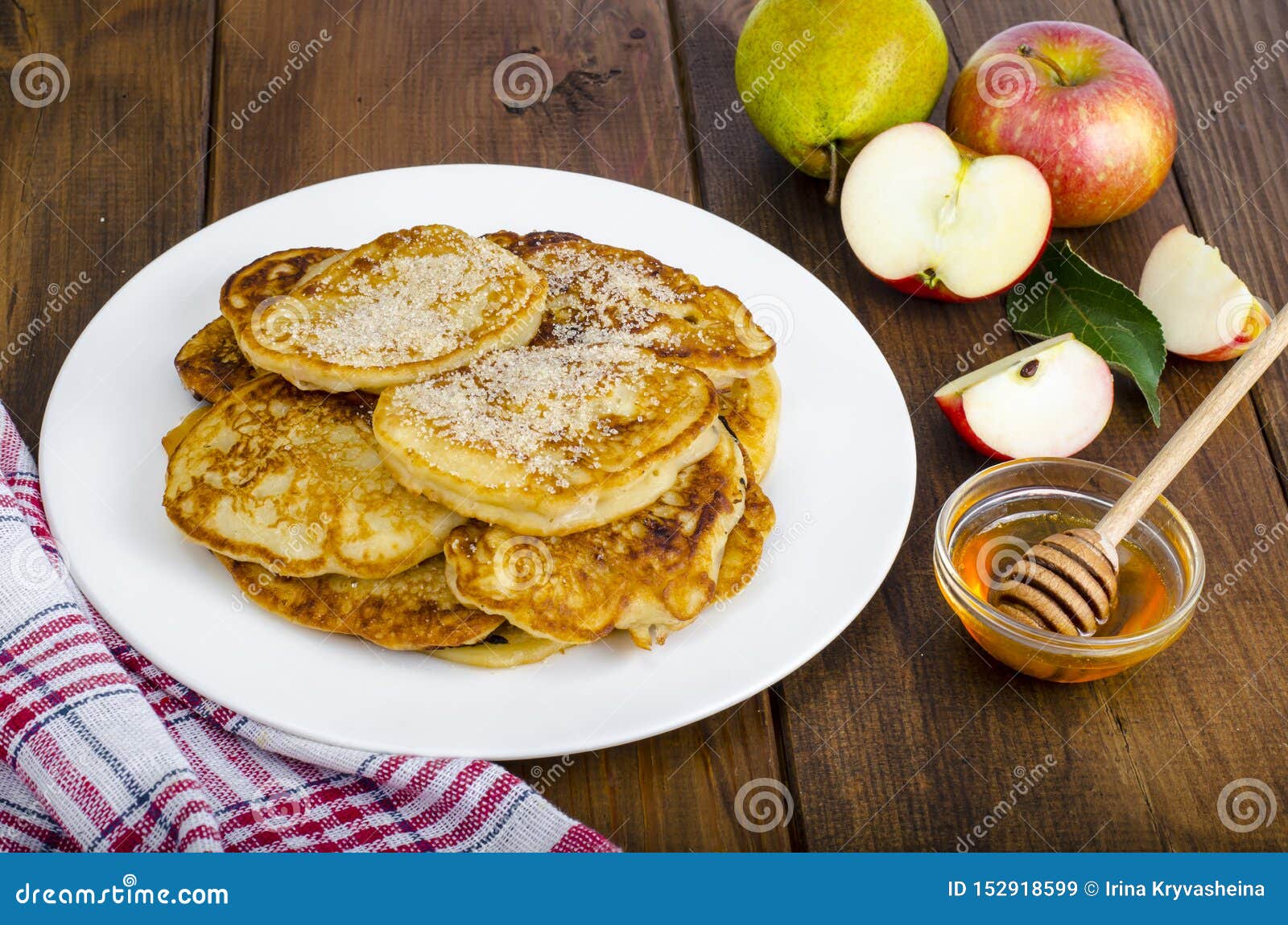 Hot Fried Pancakes with Apples and Honey Stock Image - Image of plate ...