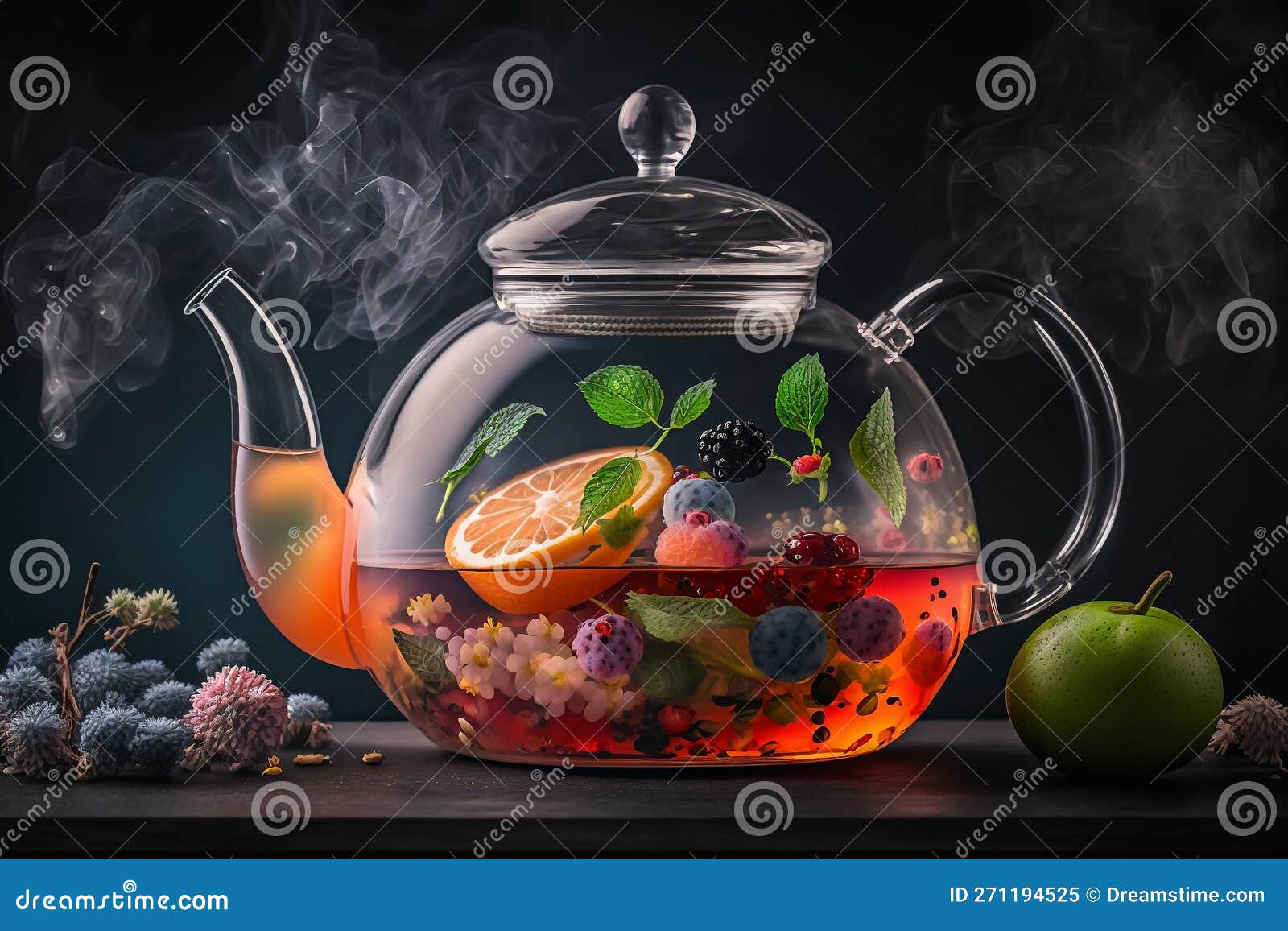 Hot Fruit Tea with Berries in a Glass Teapot Generative AI Stock ...