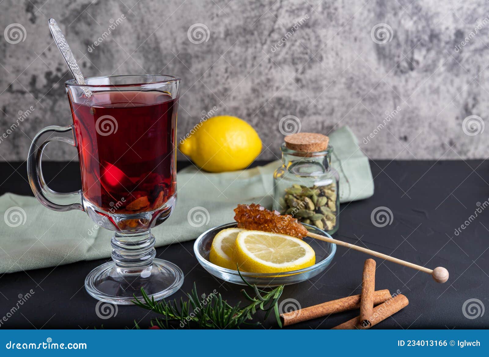 Hot Fruit Tea with Lemon on the Dark Surface, Copy Space Stock Photo ...