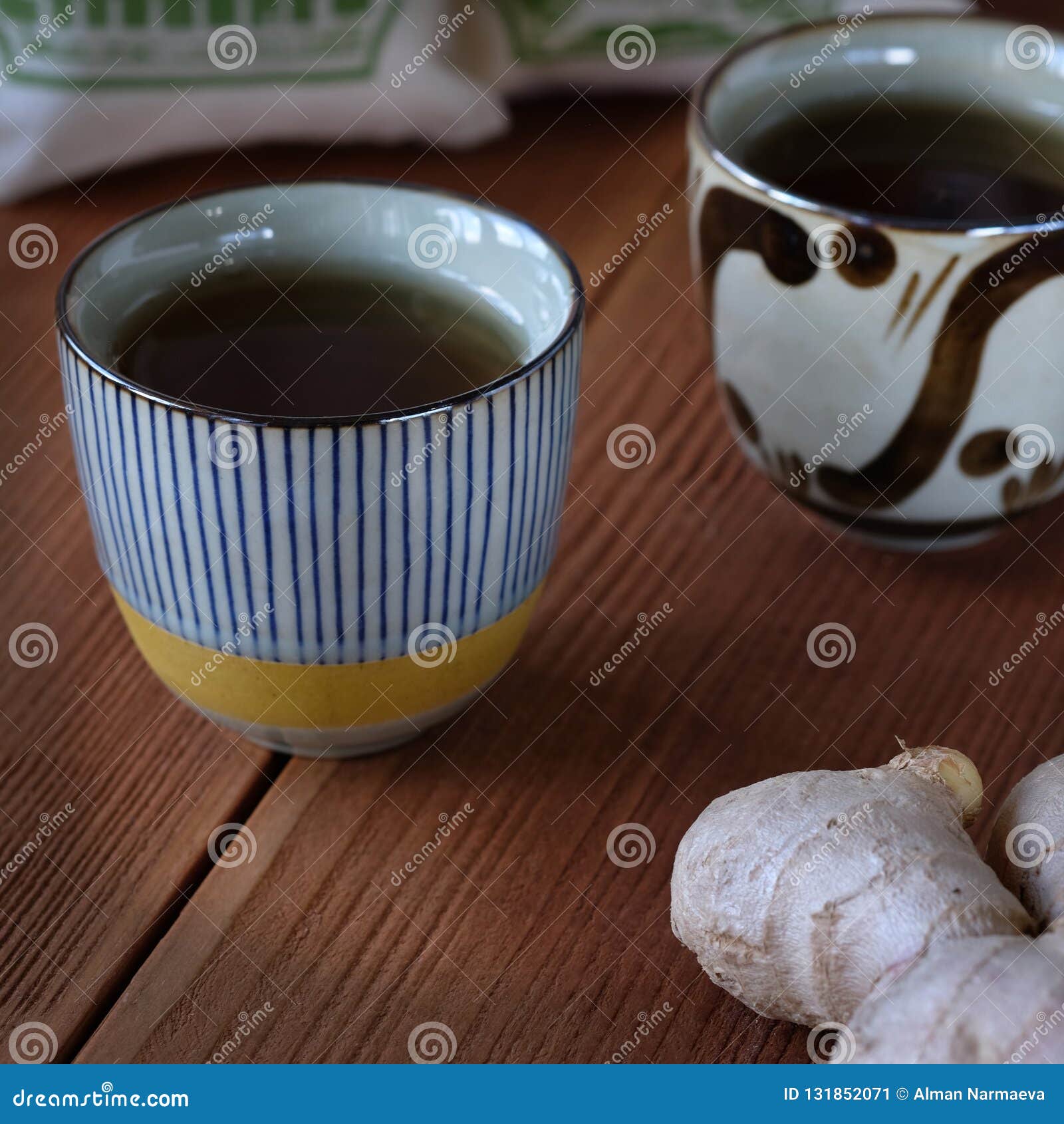 Hot Ginger Green Tea with Ginger Root on Black Background. Stock Image ...