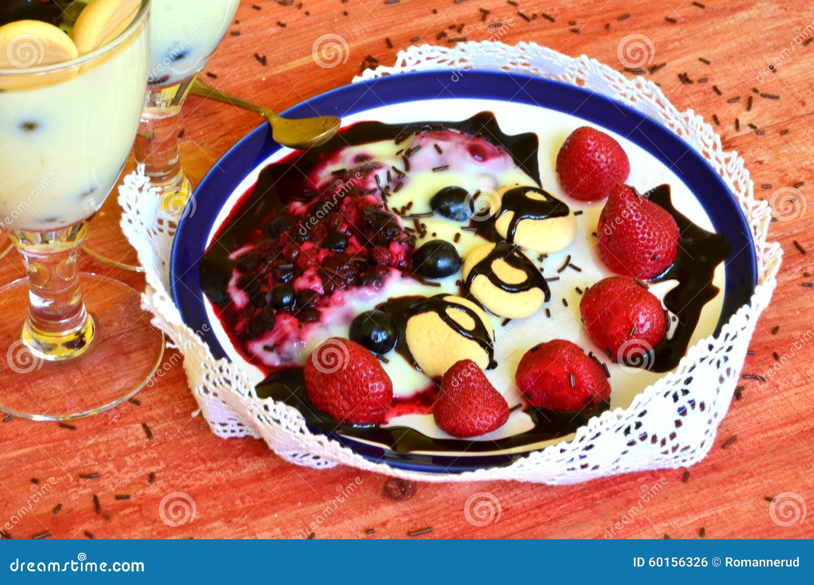 Hot Homemade Vanilla Pudding with Strawberries and Vine Berries Stock ...