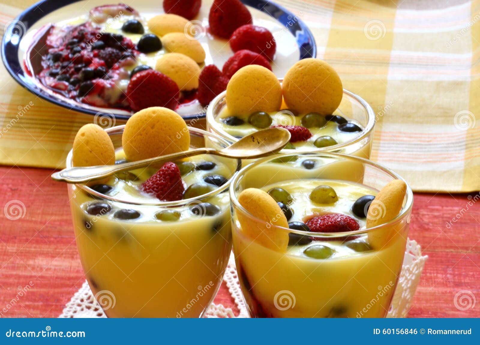 Hot Homemade Vanilla Pudding with Strawberries and Vine Berries Stock ...