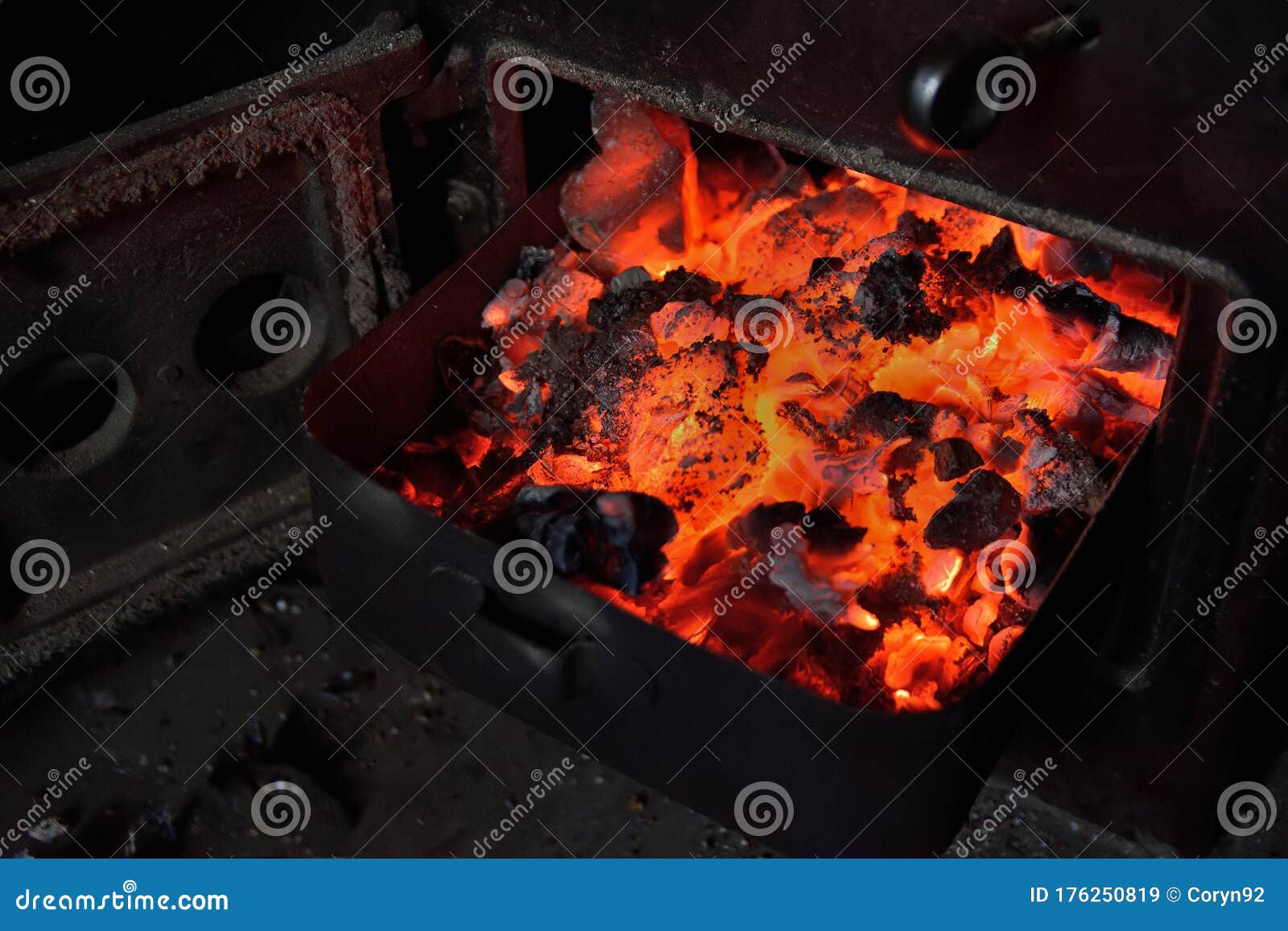 Hot Orange Coals Pulled from the Stove. Ash Tray with Hot Ember Stock ...
