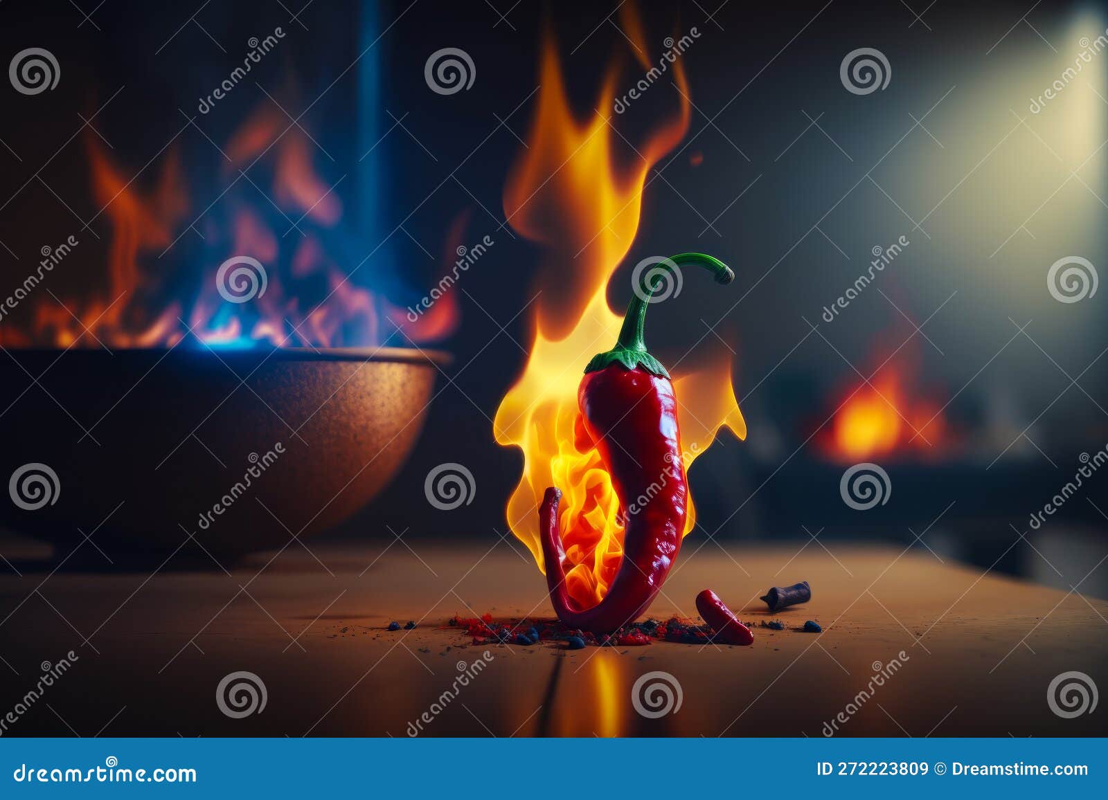 Hot Pepper on Fire in Front of Bowl. Generative AI Stock Illustration ...