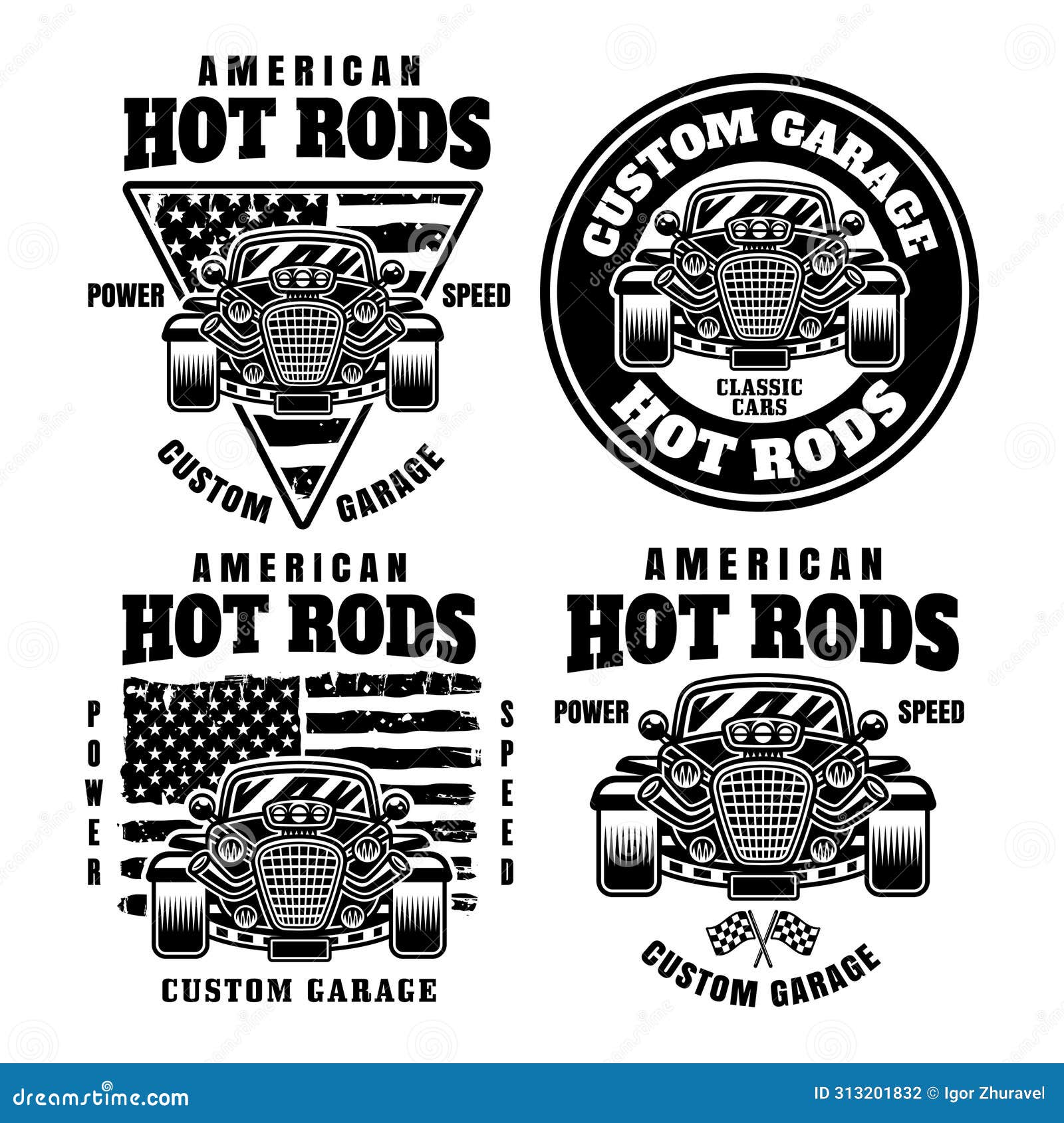Hot Rod Set of Vector Emblems, Labels, Badges or Prints in Monochrome ...