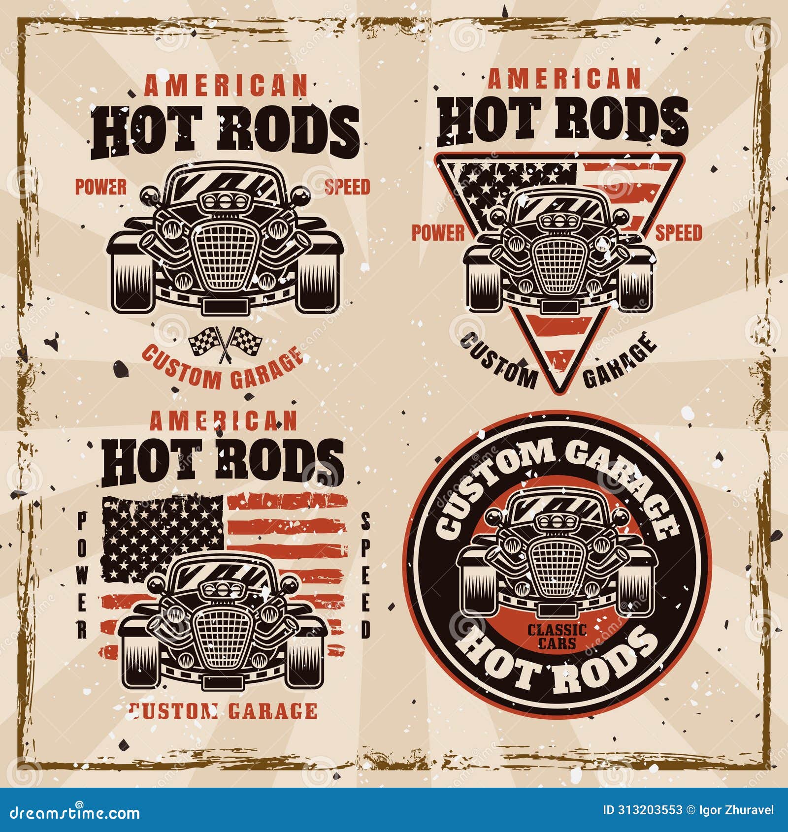 Hot Rod Set of Vector Emblems, Labels, Badges or Prints in Vintage ...