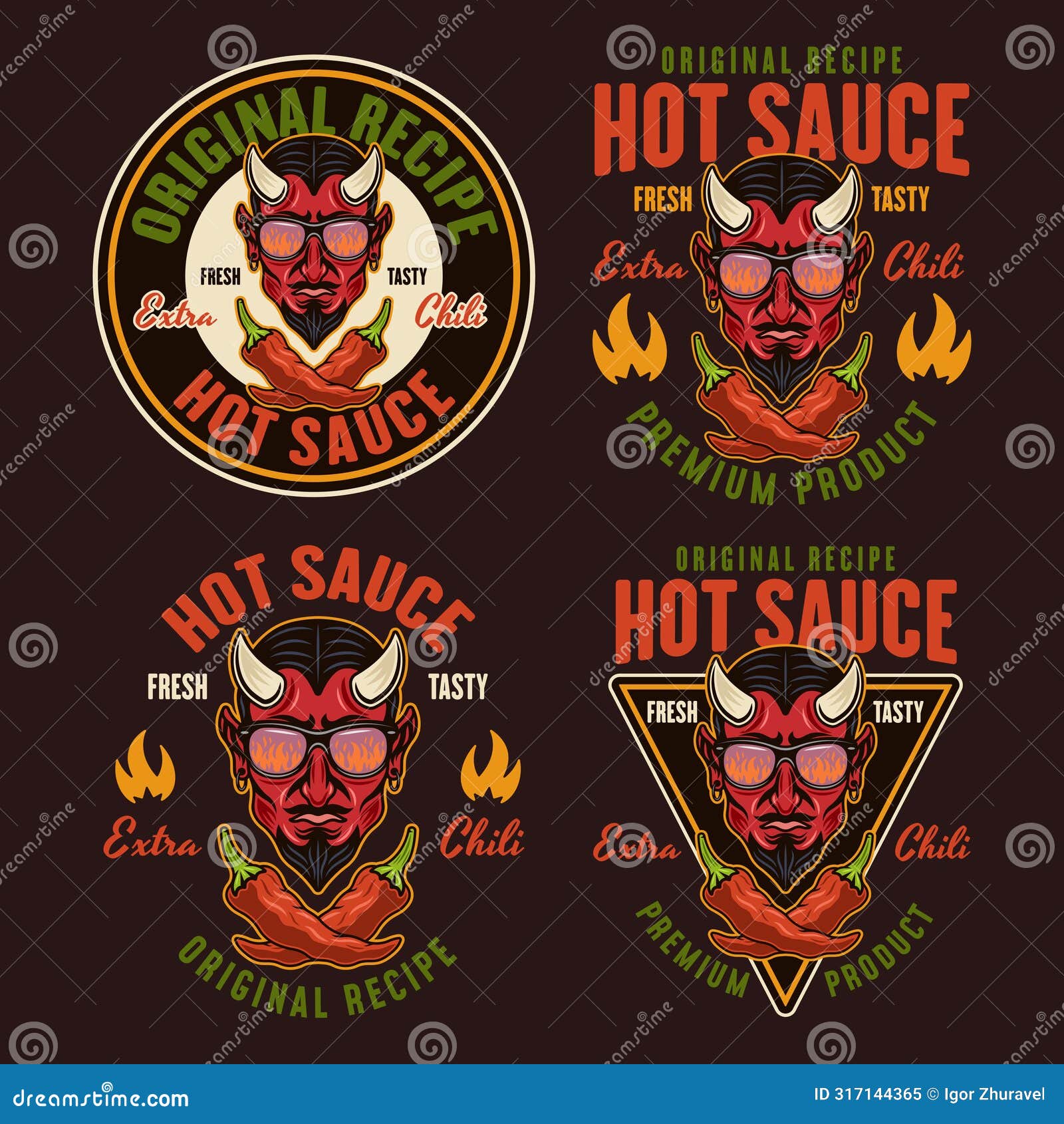 Hot Sauce Set of Vector Emblems, Labels, Badges with Devil Head in ...