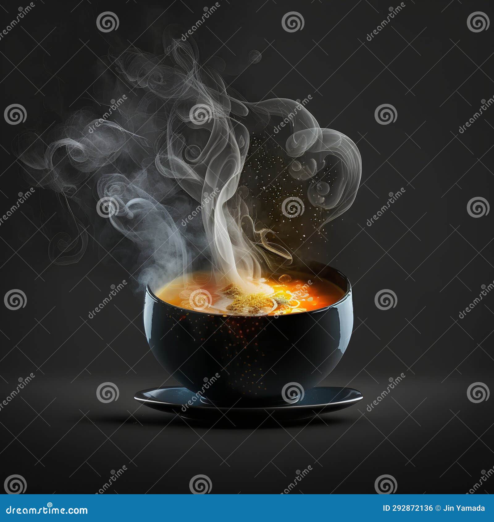 Hot Soup in a Black Cup with Steam and Smoke on a Dark Background Stock ...