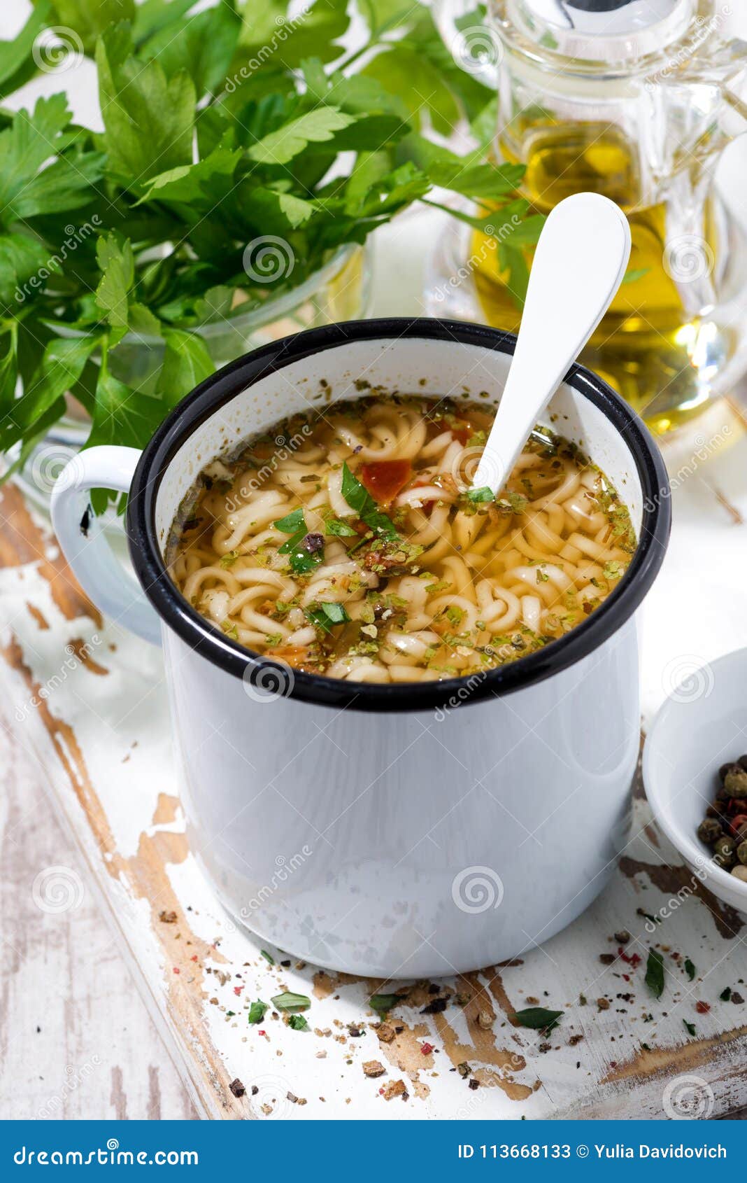 Hot Soup with Noodles in a Mug, Closeup Stock Image - Image of ...