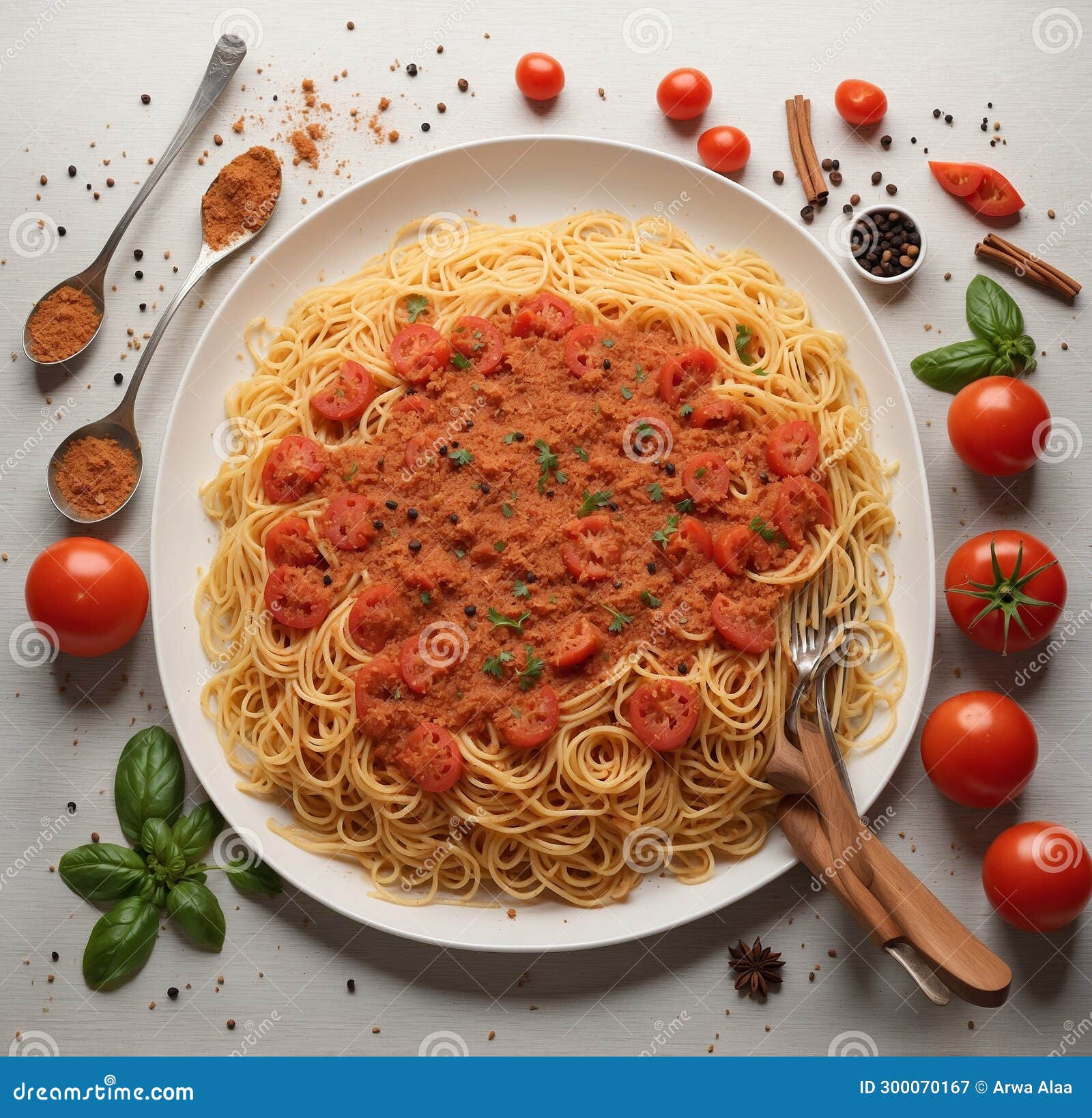 Hot Spaghetti Pasta, Tomato Slices and Spices Stock Illustration ...