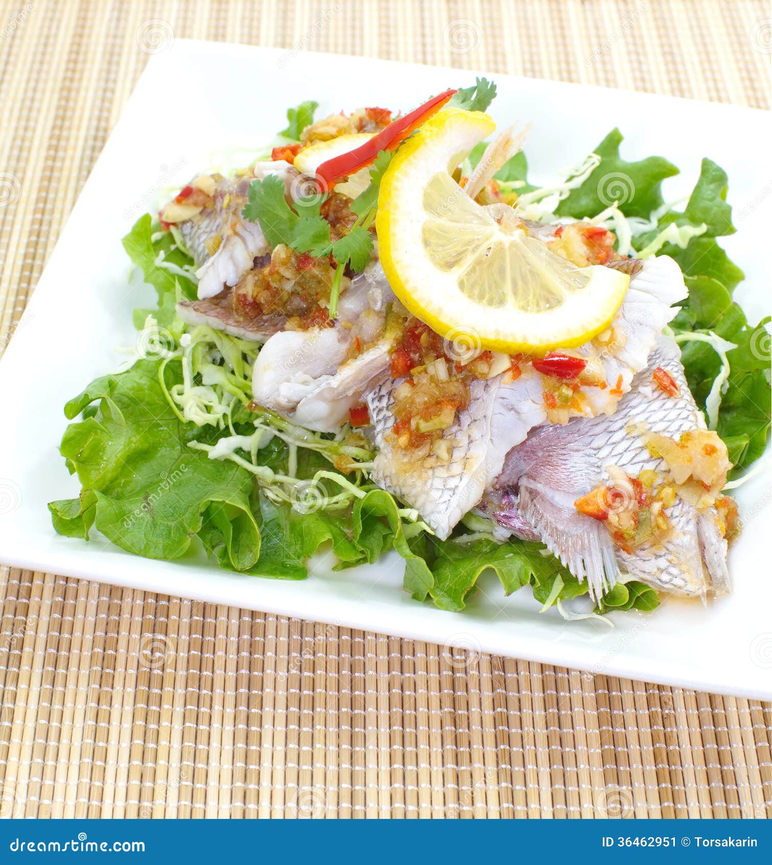 Hot and Spicy Steam Fish in Lemon Sauce Stock Image - Image of green ...