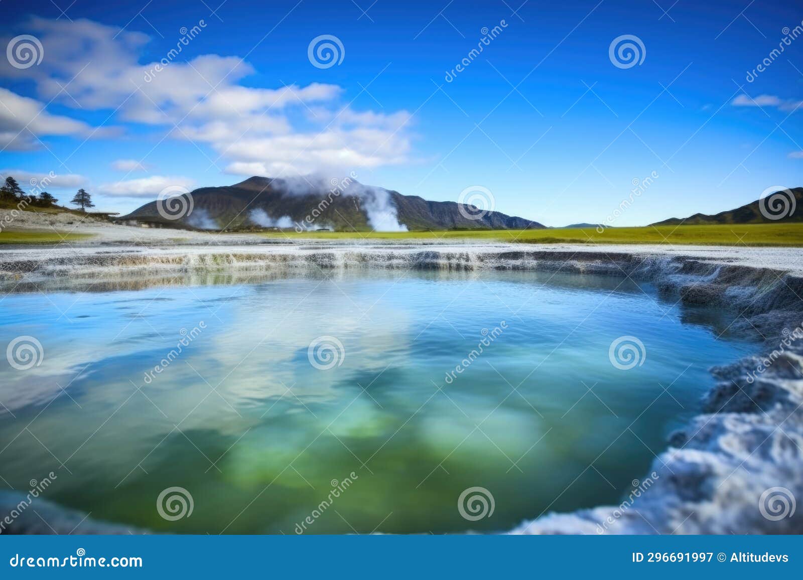 A Hot Spring with an Active Volcano in the Distance Stock Image - Image ...