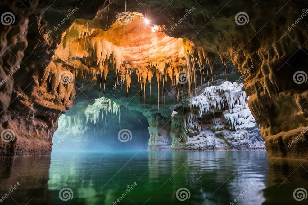Hot Spring in a Cave with Stalactites Overhead Stock Image - Image of ...