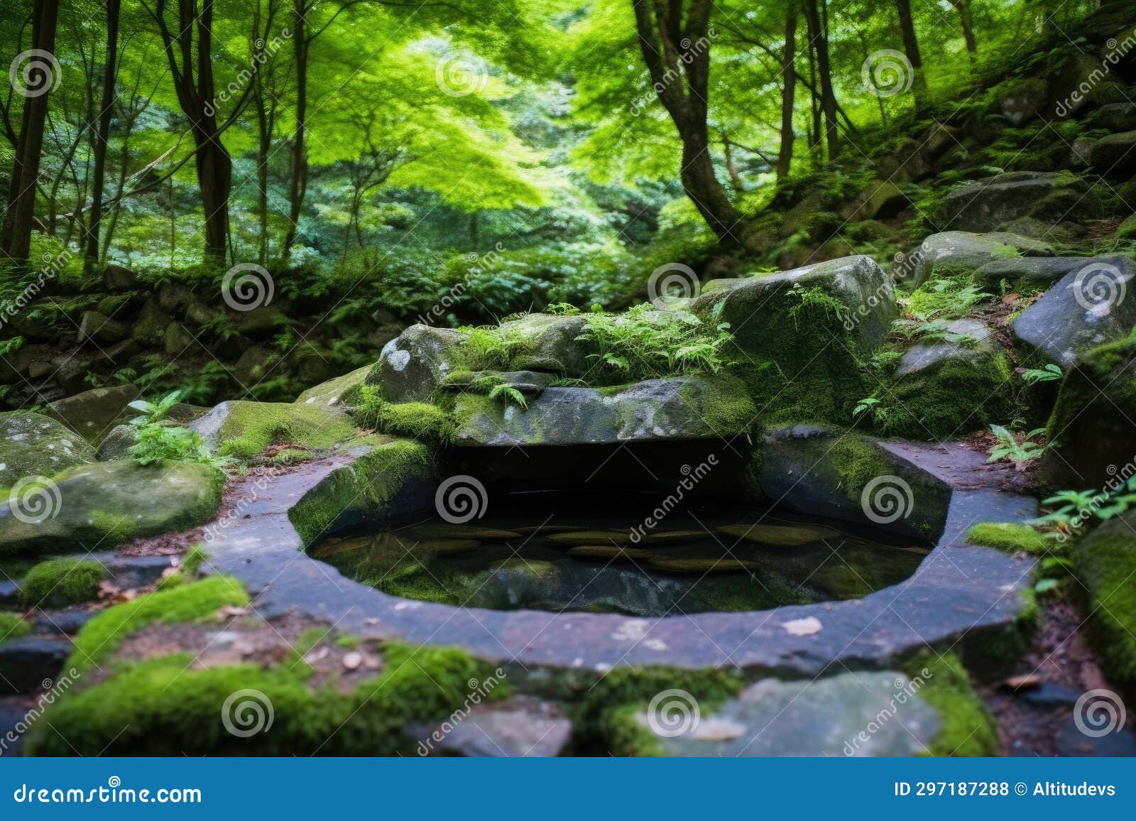 Hot Spring Contained in a Round Stone Basin among Rich Greenery Stock ...