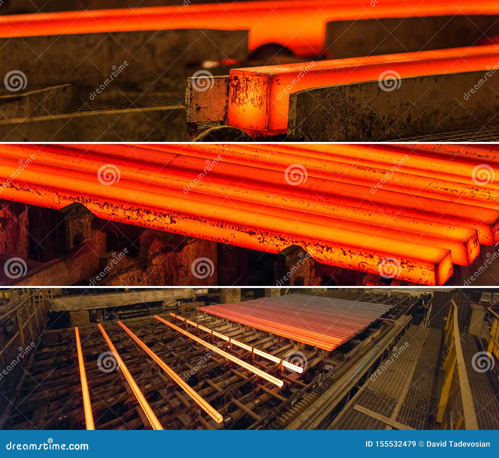 Hot Square Steel Bloom on the Roll-table. Collage of Pictures. Stock ...