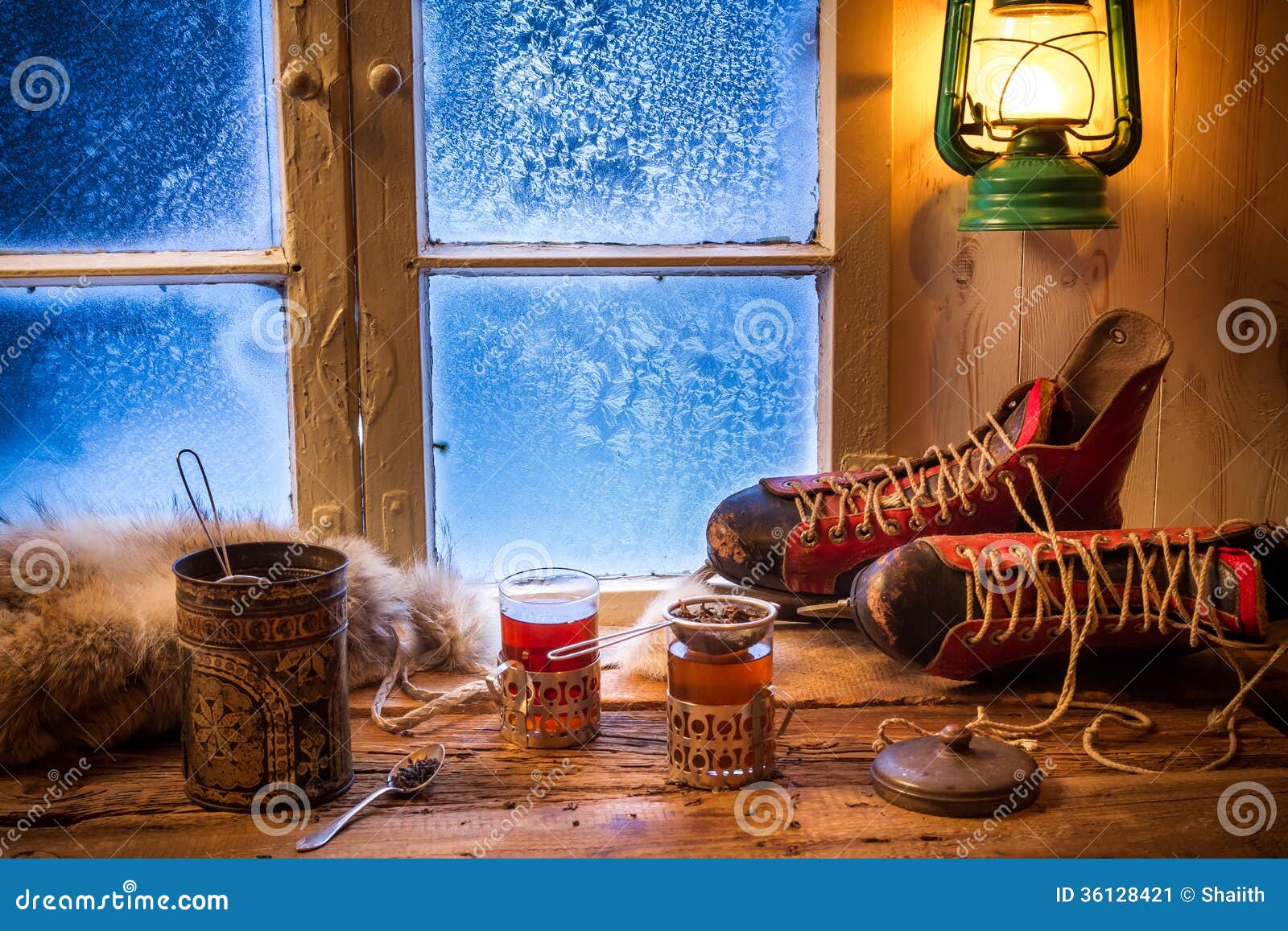 Hot tea in cold evening stock image. Image of frame, lantern - 36128421