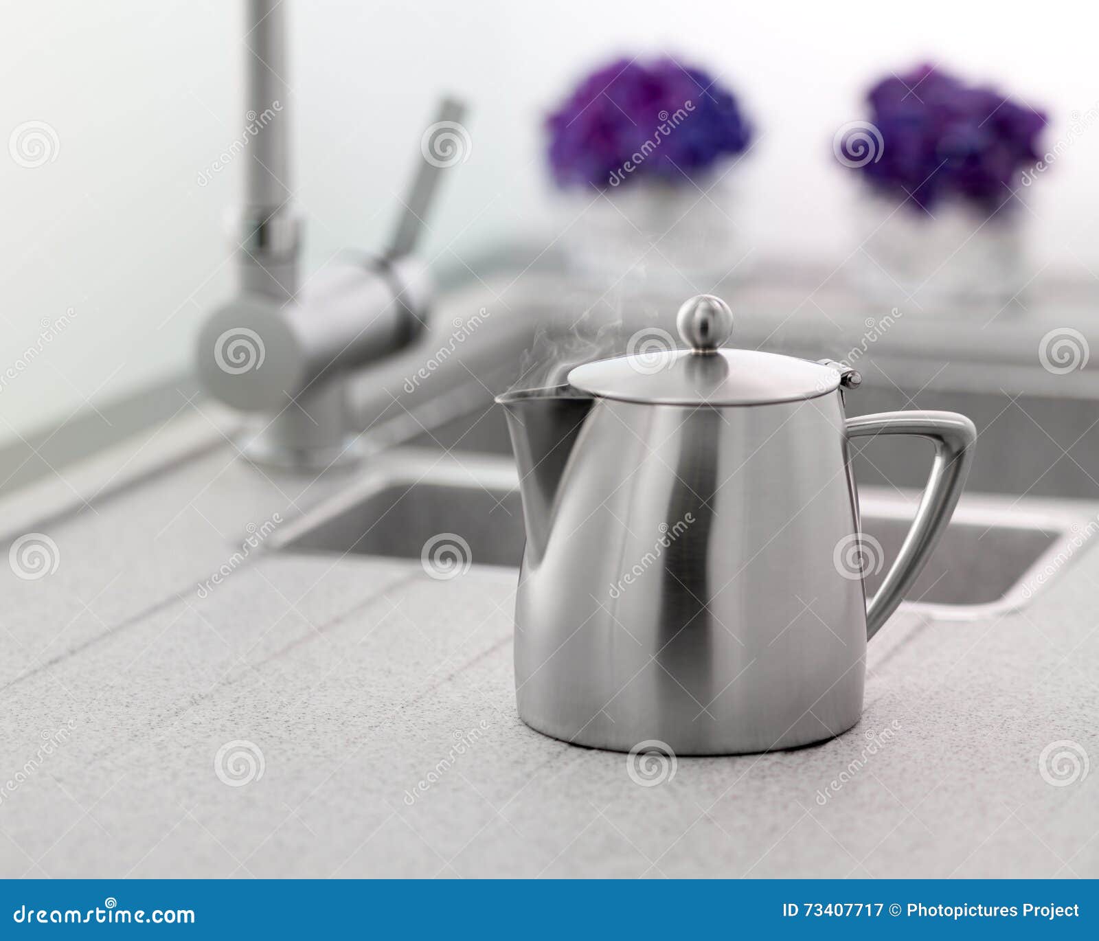 Hot Tea Pot on Kitchen Sink Stock Image - Image of shiny, morning: 73407717