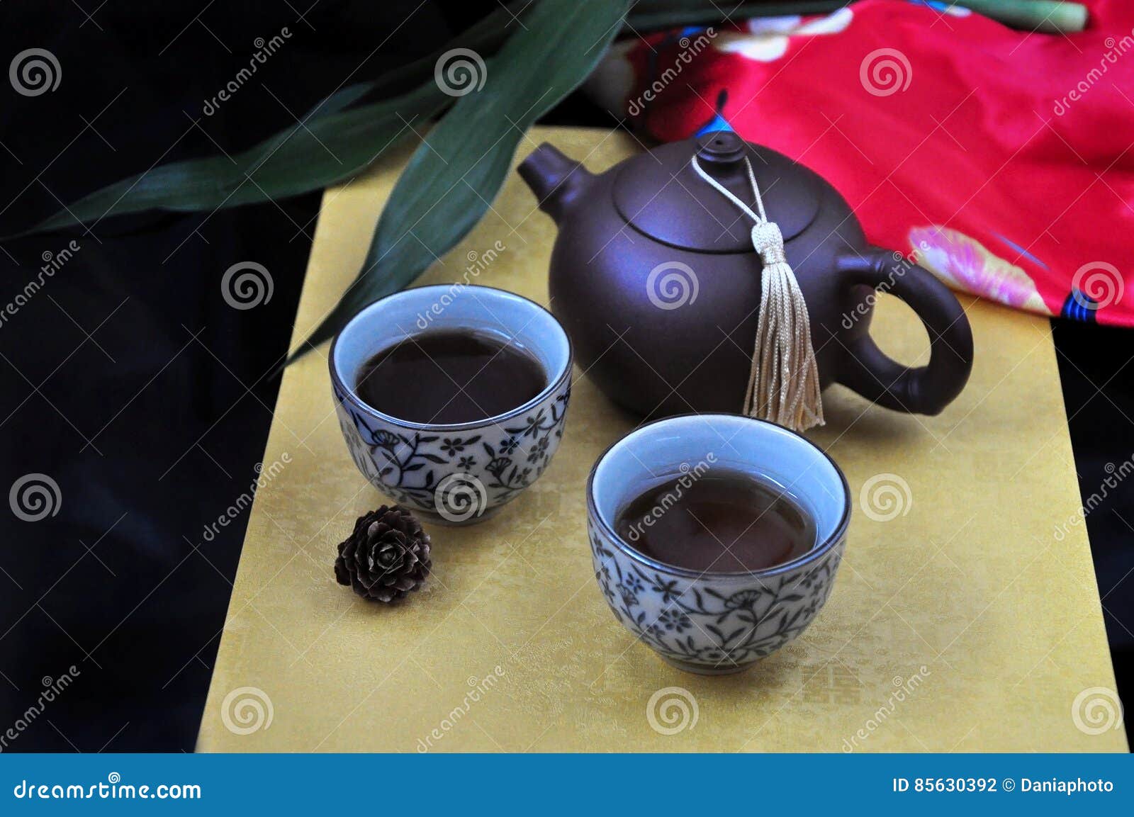 Hot Tea Set on Golden Background Stock Photo - Image of object, aroma ...