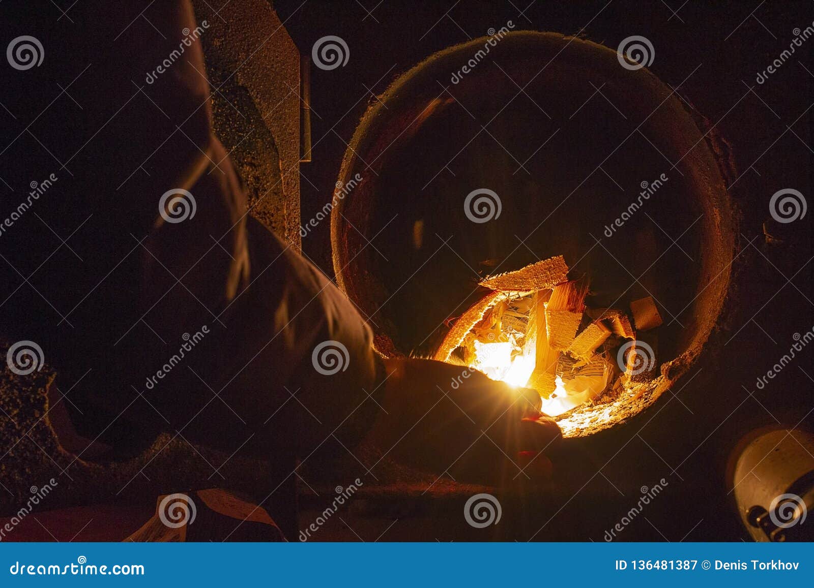 Hot Water Boiler with Open Door and Fire Inside and Scoop with Coal ...