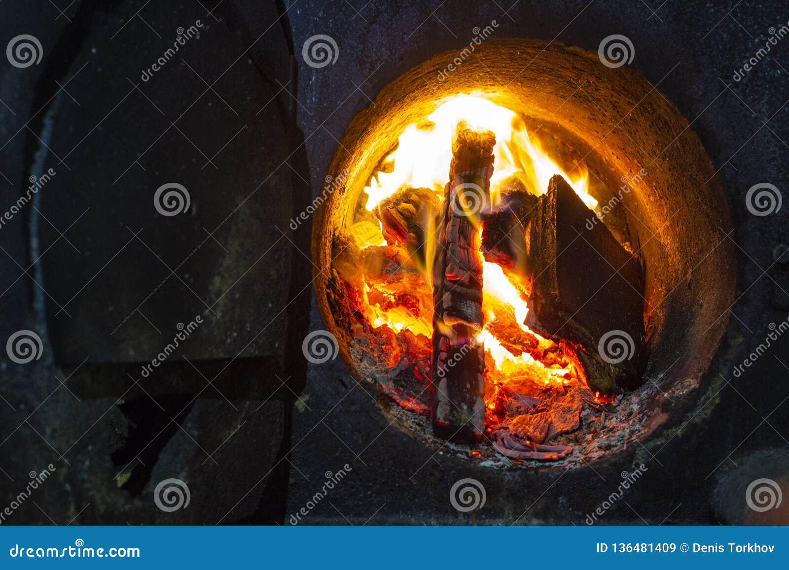 Hot Water Boiler with Open Door and Fire Inside and Scoop with Coal ...