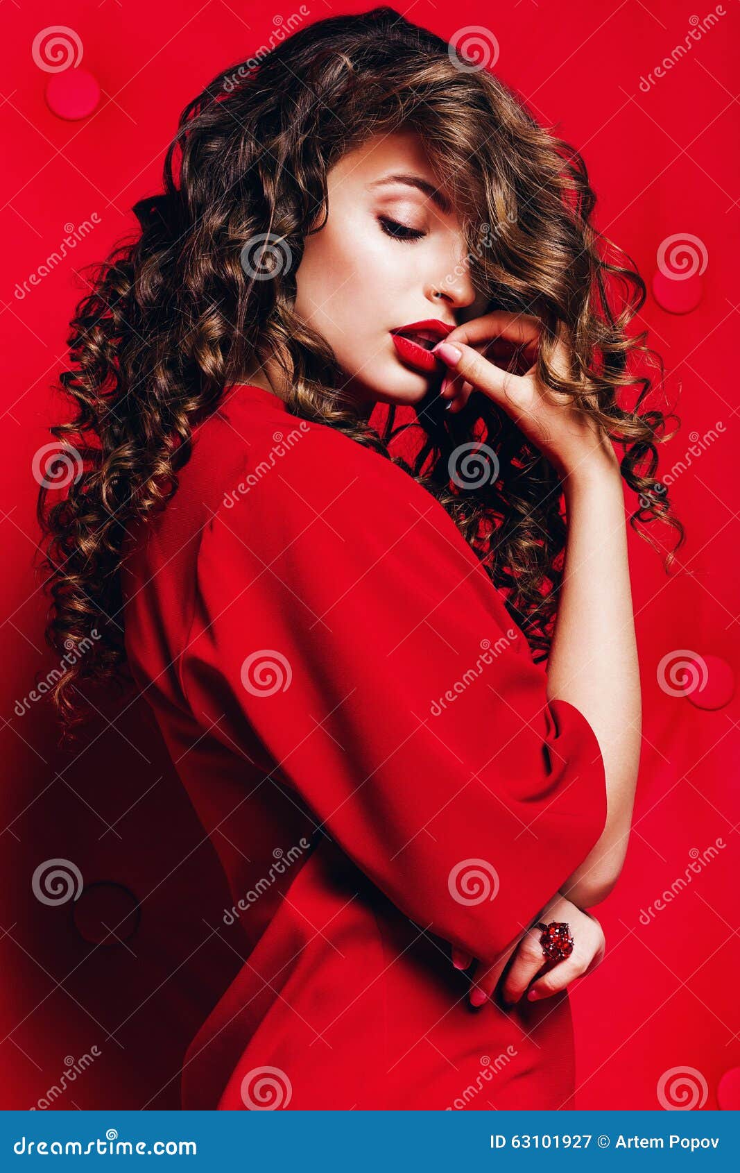 Hot Woman With Red Lips And Long Curly Hair Stock Image Image Of