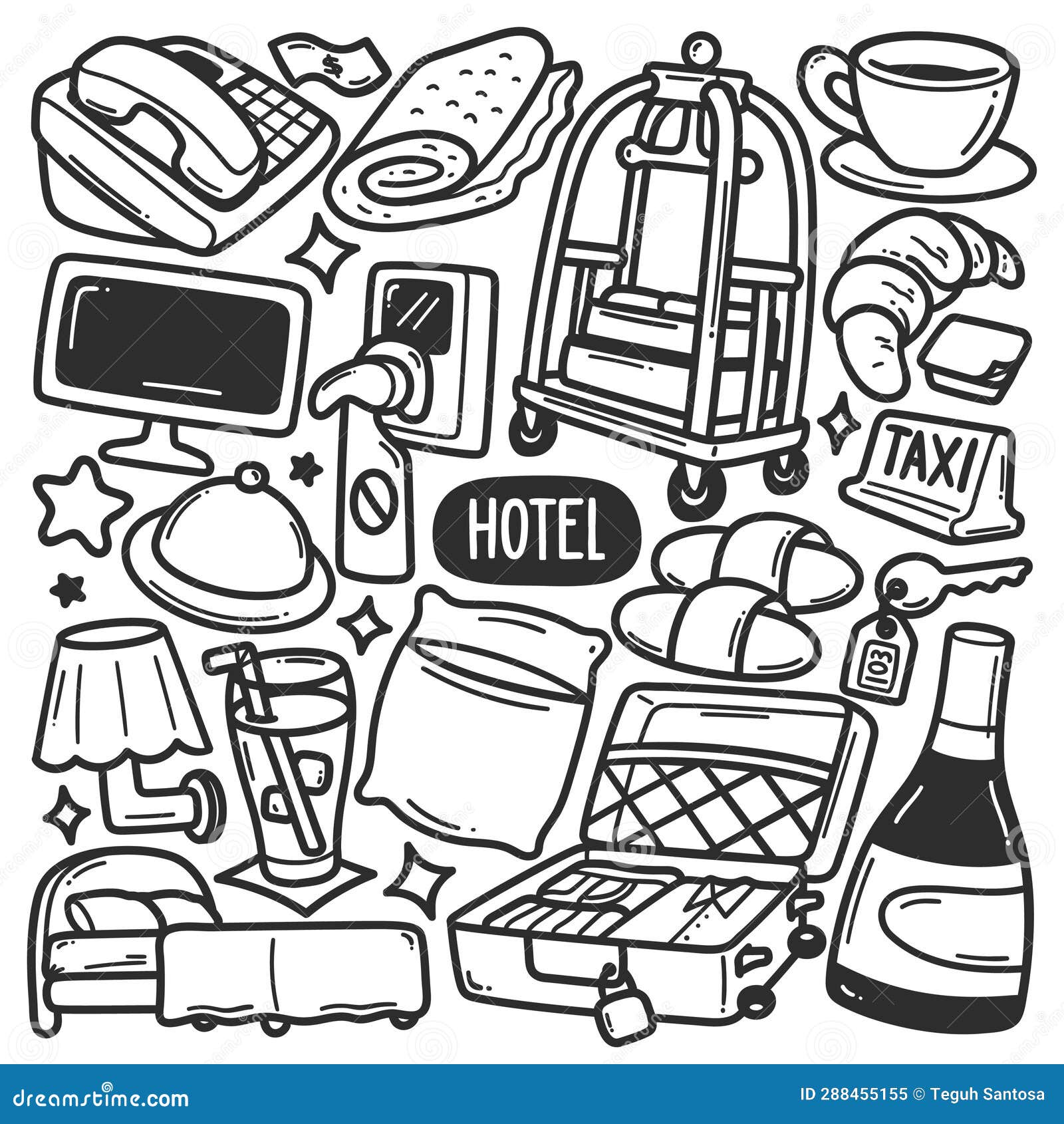Hotel Stickers Hand Drawn Doodle Coloring Vector Stock Vector ...