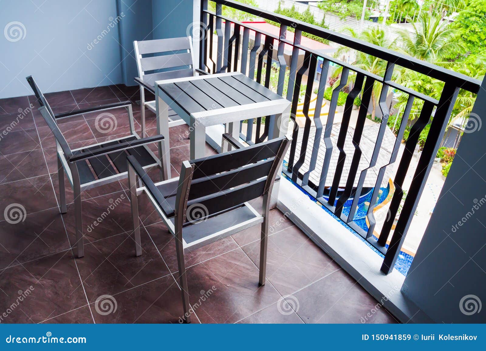 Hotel Balcony with Table and Chairs Stock Image - Image of height ...