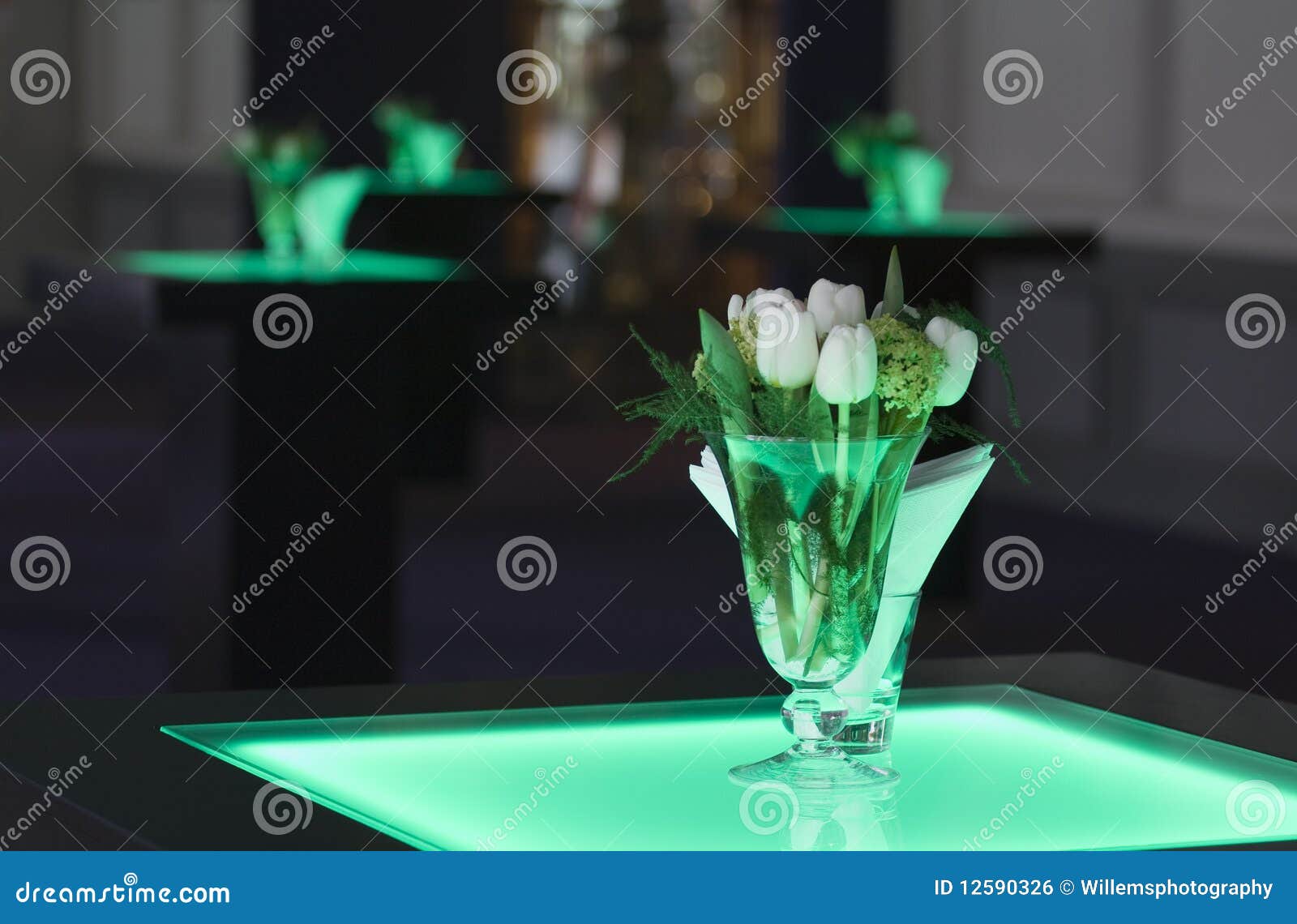 Hotel Ballroom with Luminous Bar Tables Stock Photo - Image of aqua ...