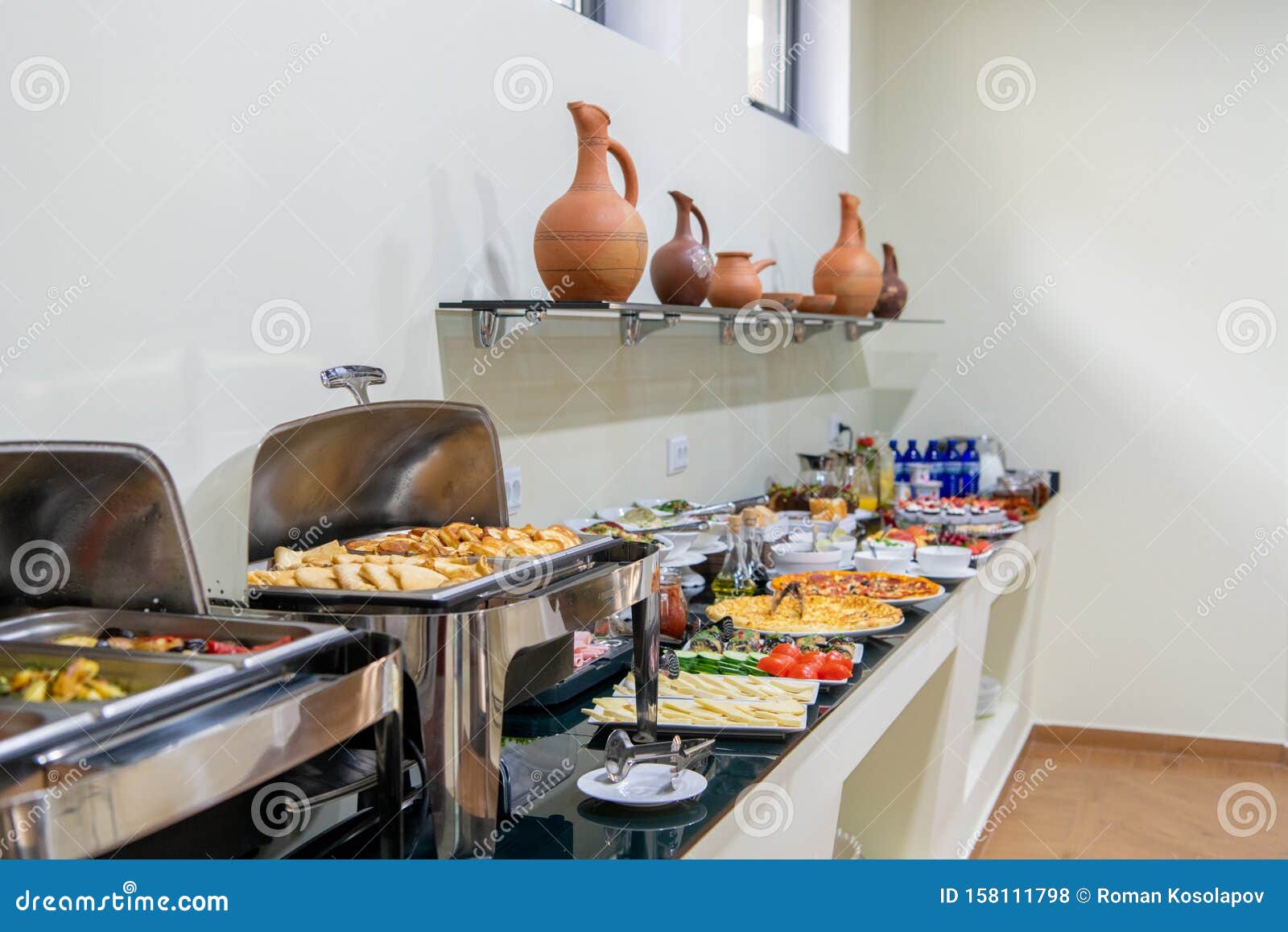 Hotel Breakfast Board in a Family Hotel. Buffet with Different Dishes ...
