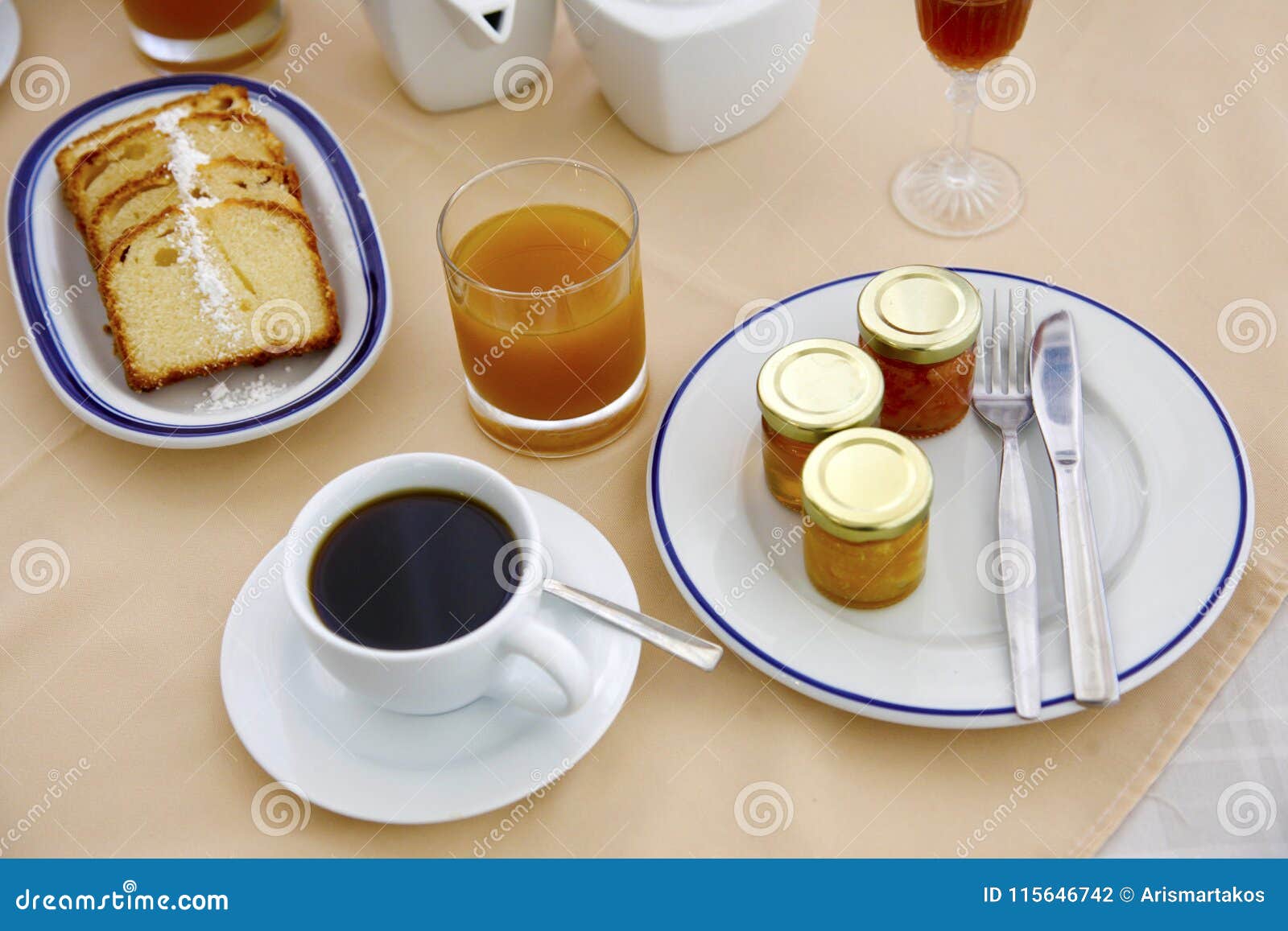 Hotel Breakfast Table with Cakes, Jam and Coffee Stock Photo - Image of ...