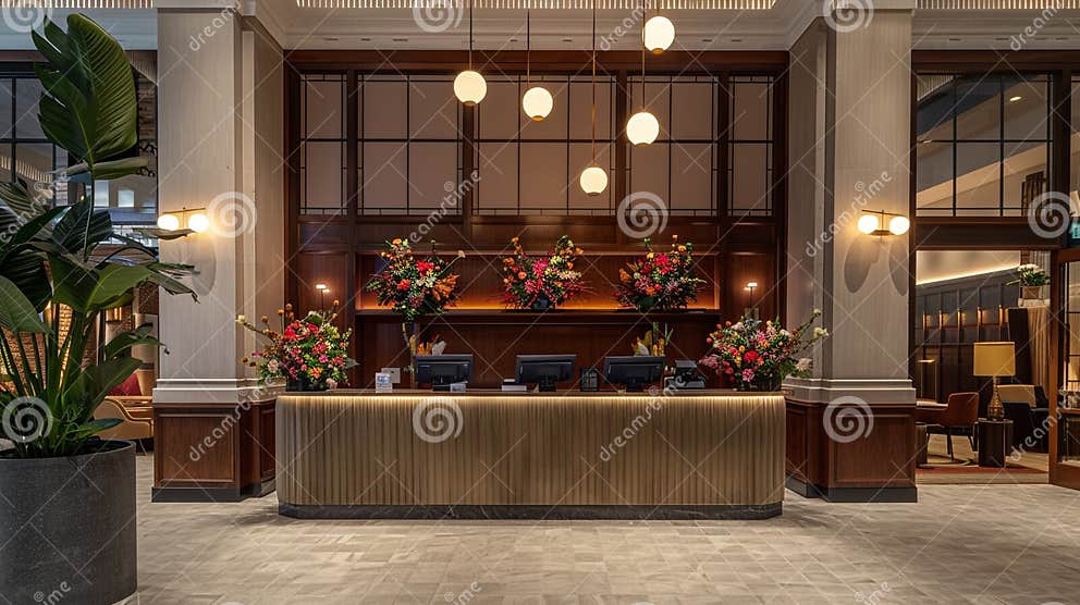 Hotel Check-in Counter in a Spacious Lobby Stock Illustration ...