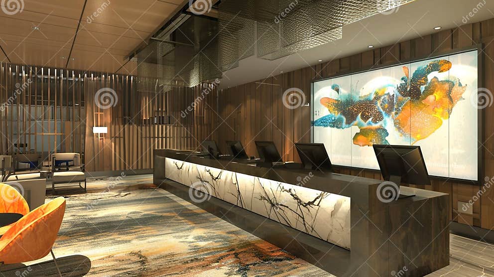 Hotel Check-in Desk Featuring Digital Artwork and Interactive Displays ...
