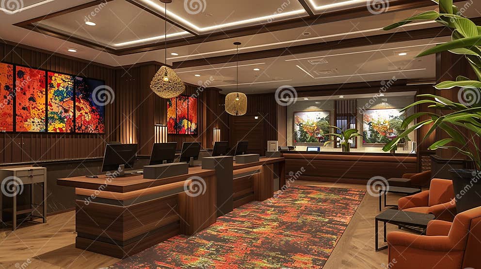 Hotel Check-in Desk Featuring Digital Artwork and Modular Seating Stock ...