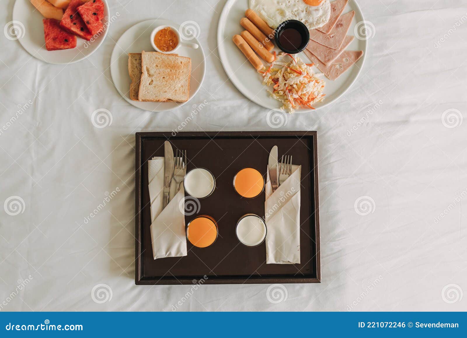 Hotel Complimentary Breakfast Served on White Bed. Stock Photo - Image ...
