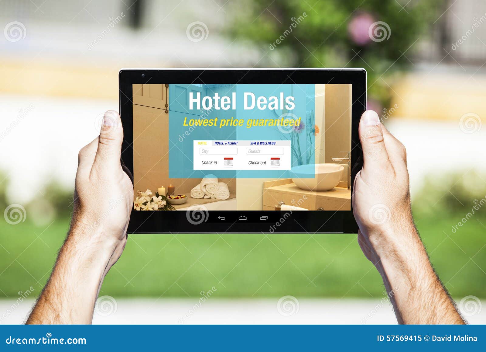 Hotel Deals website. stock image. Image of bathroom, hands - 57569415