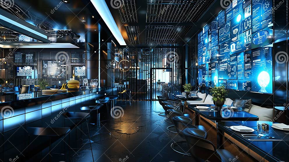 Hotel Dining Area Featuring Interactive Digital Menus and Ambient ...