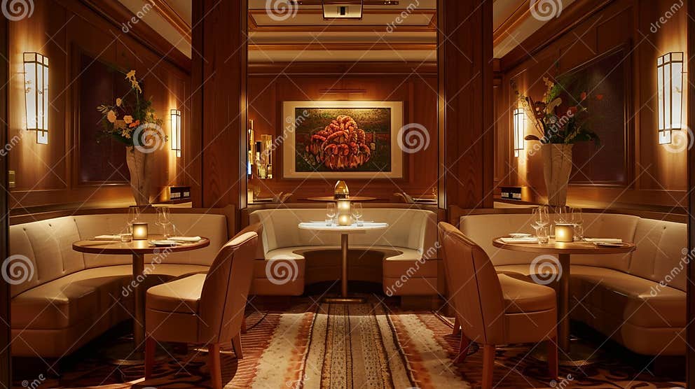 Hotel Dining Area Featuring Private Booths and Soft Lighting Stock ...