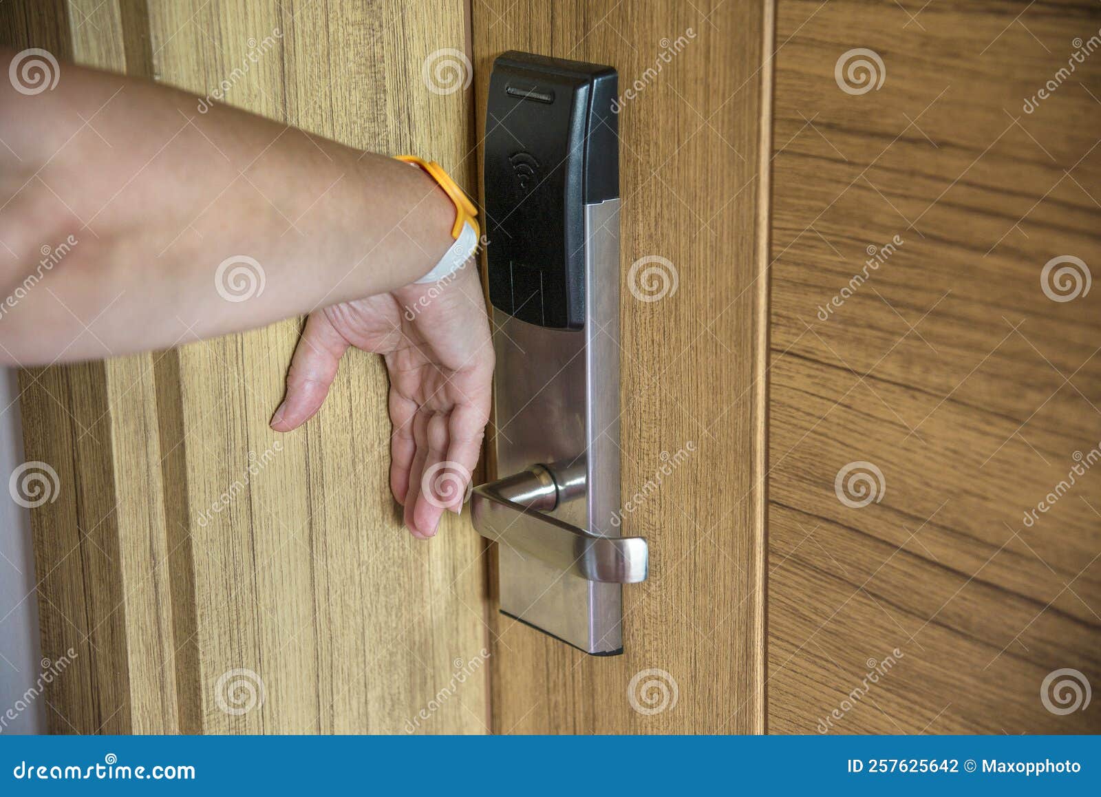 Hotel Door Opened by the Wrist Watch Stock Photo - Image of unlock ...