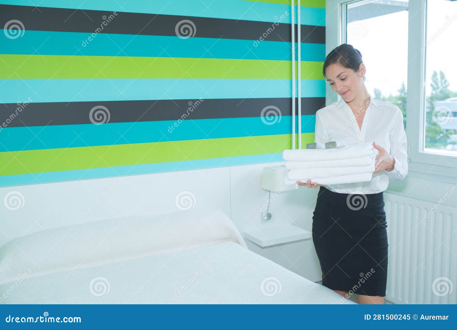 Hotel Female Housekeeping Worker with Linen Stock Image - Image of ...