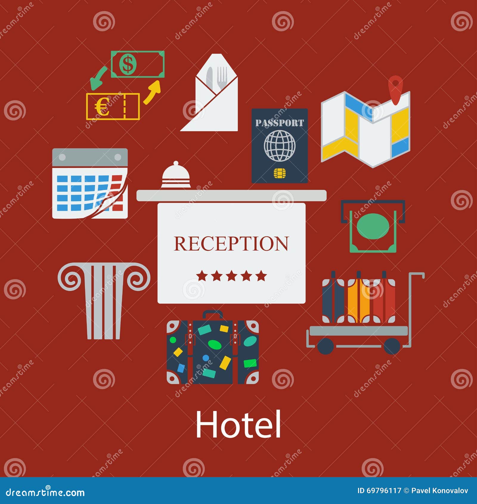 Hotel flat design stock vector. Illustration of room - 69796117