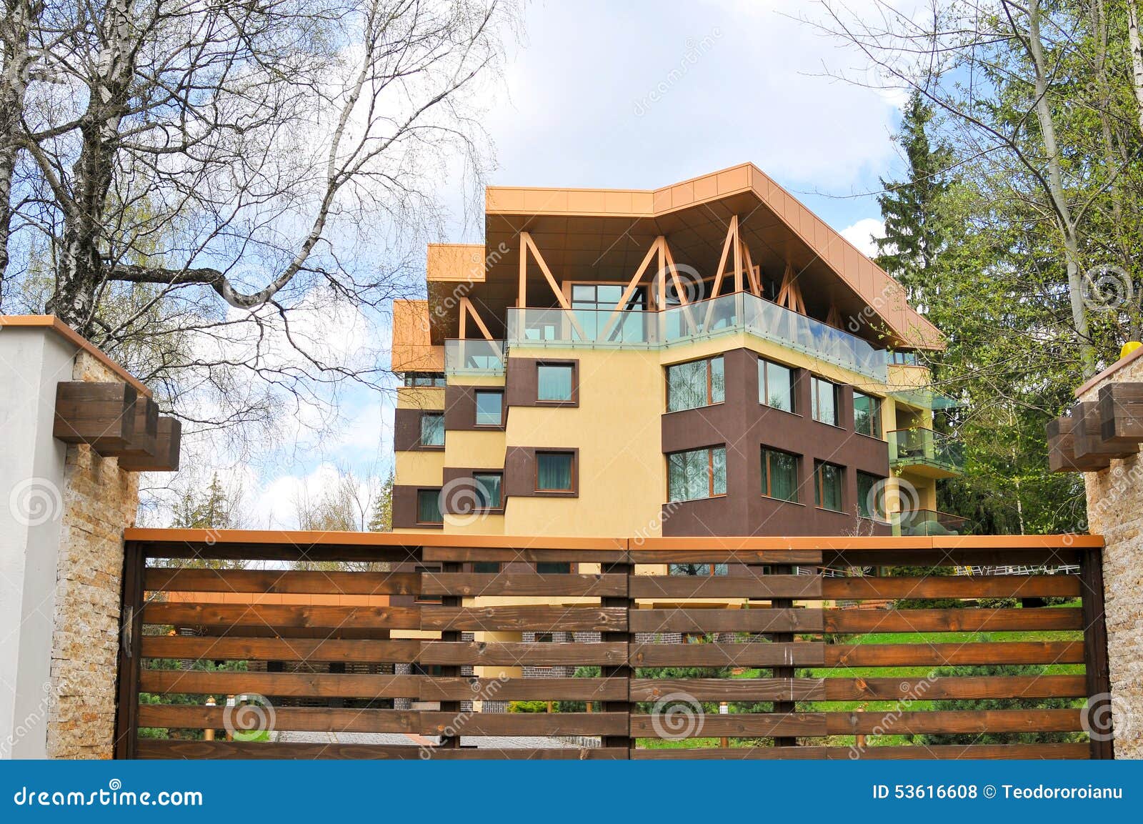 Hotel in the forest stock photo. Image of chairs, houses - 53616608