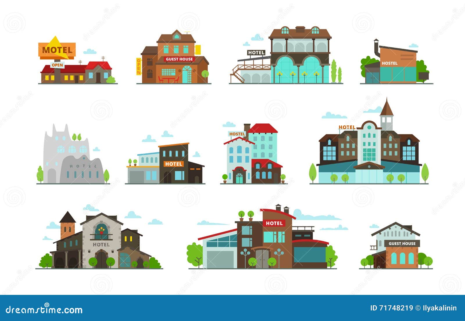 Hotel Guest House Hostel Set of Different Buildings Stock Vector ...