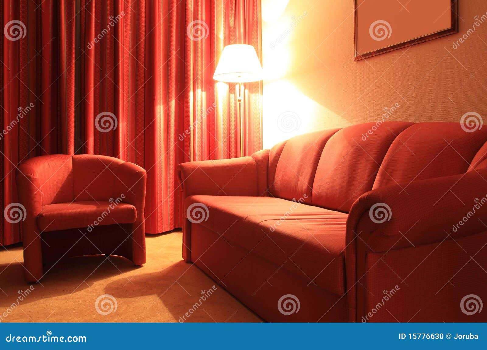 Hotel Interior Red Couch, Armchair, Floor Lamp Stock Photo - Image of ...