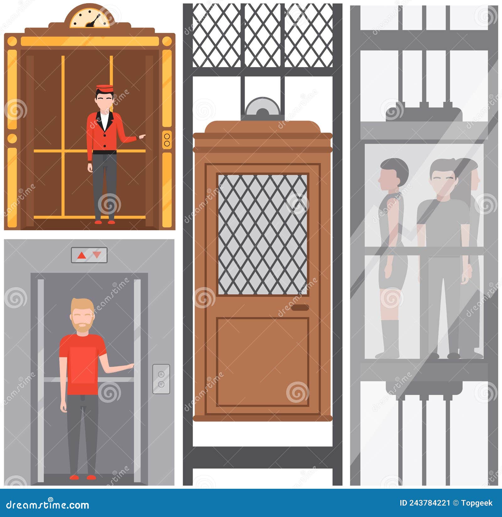 Hotel Lift Cabine, Retro And Modern Elevators With Passengers Set ...