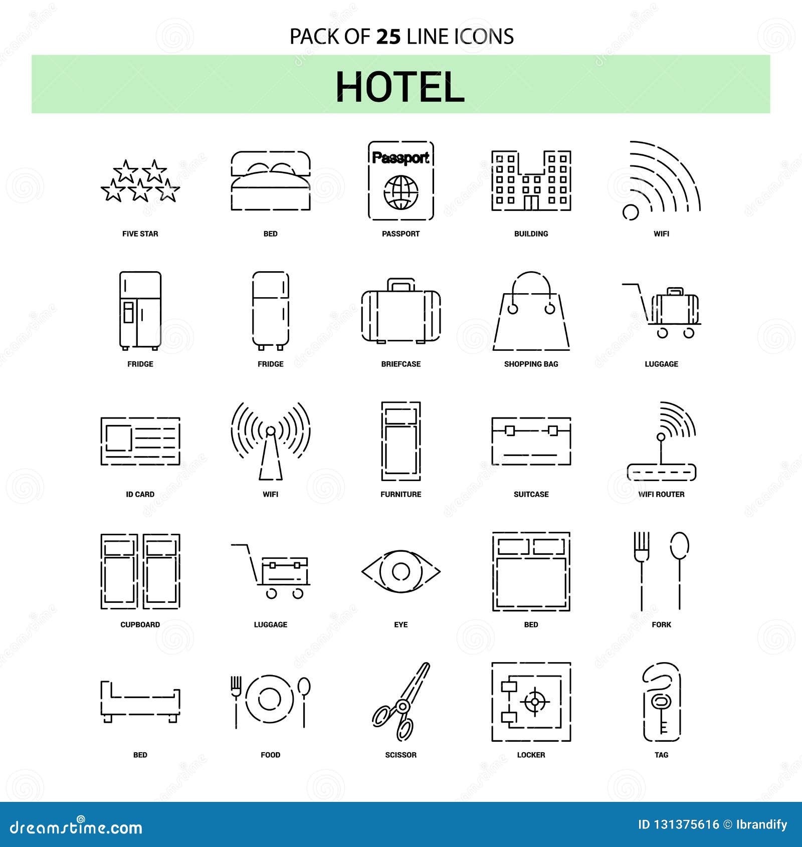 Hotel Line Icon Set 25 Dashed Outline Style Stock Vector