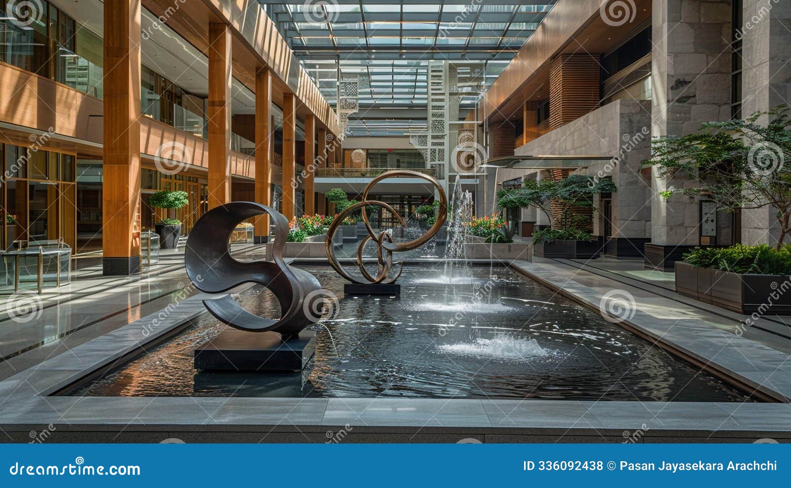 Hotel Lobby Features Cascading Water and Contemporary Sculptures Stock ...