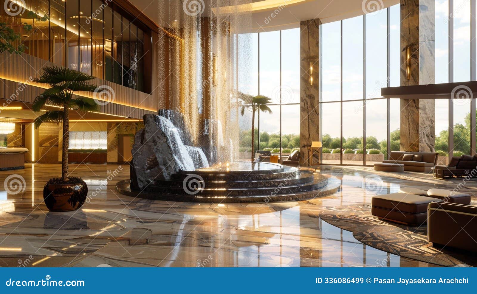 Hotel Lobby Features Panoramic Windows and Lounge Seating with a ...