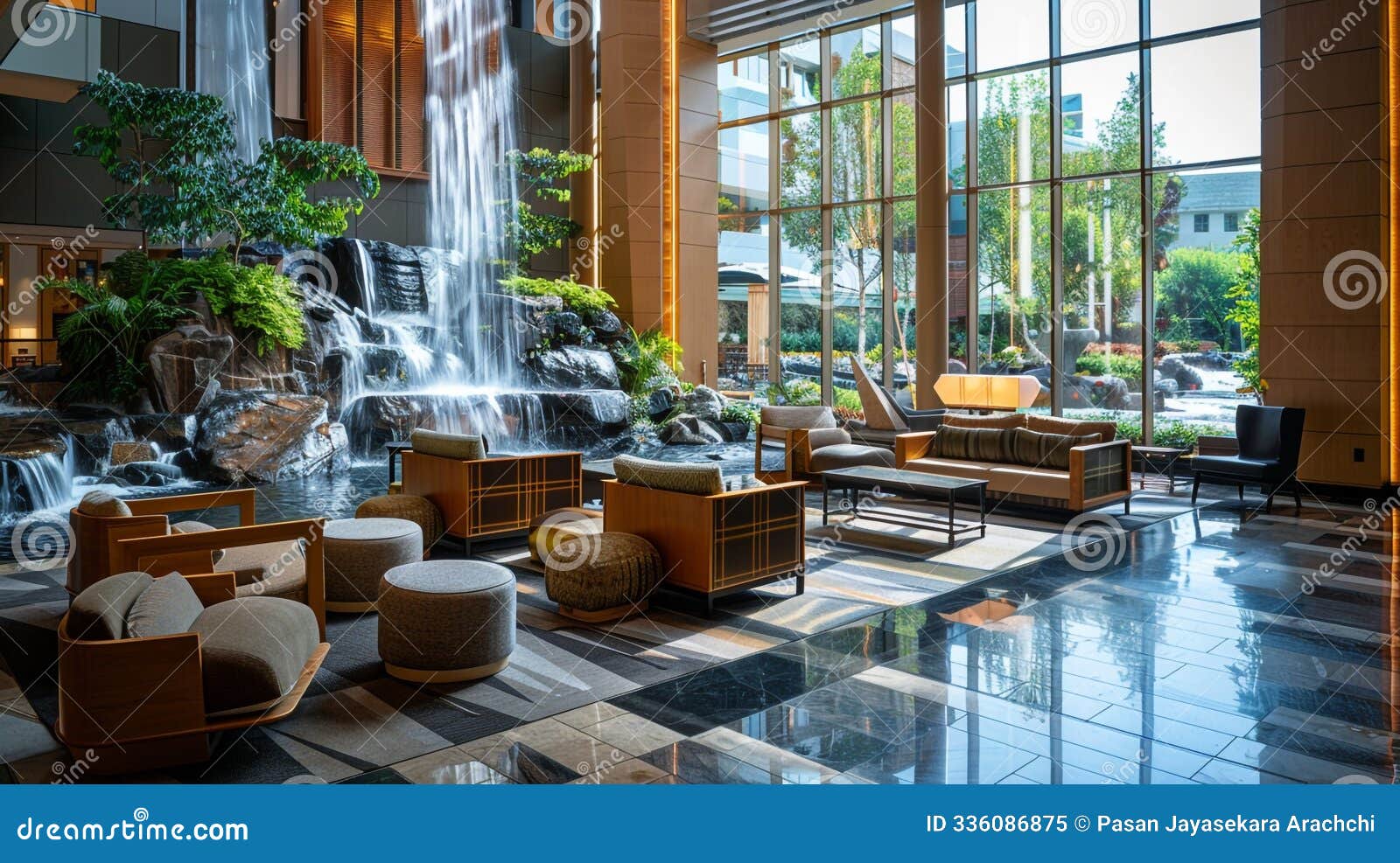 Hotel Lobby Features Panoramic Windows and Lounge Seating with a ...